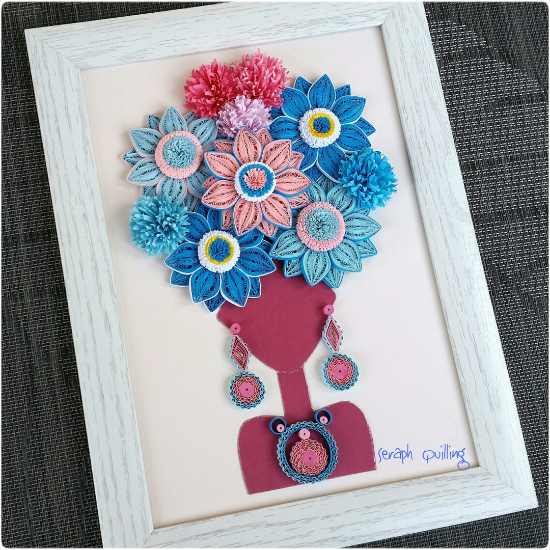 Quilled Woman Portrait With Floral Hair / Quilling Wall Art / Blue ...