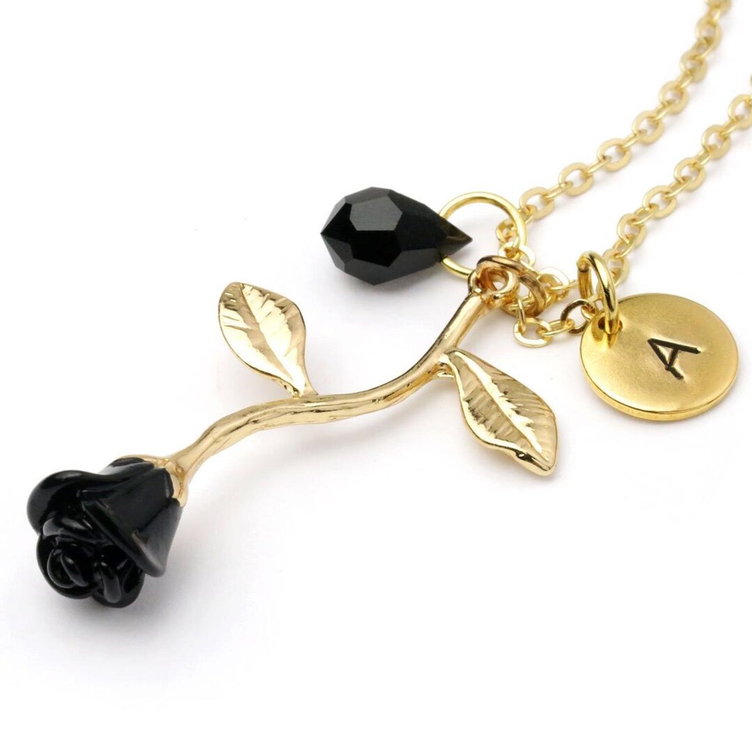 Black Rose With Black Teardrop Crystal Necklace, Gothic Rose Necklace ...