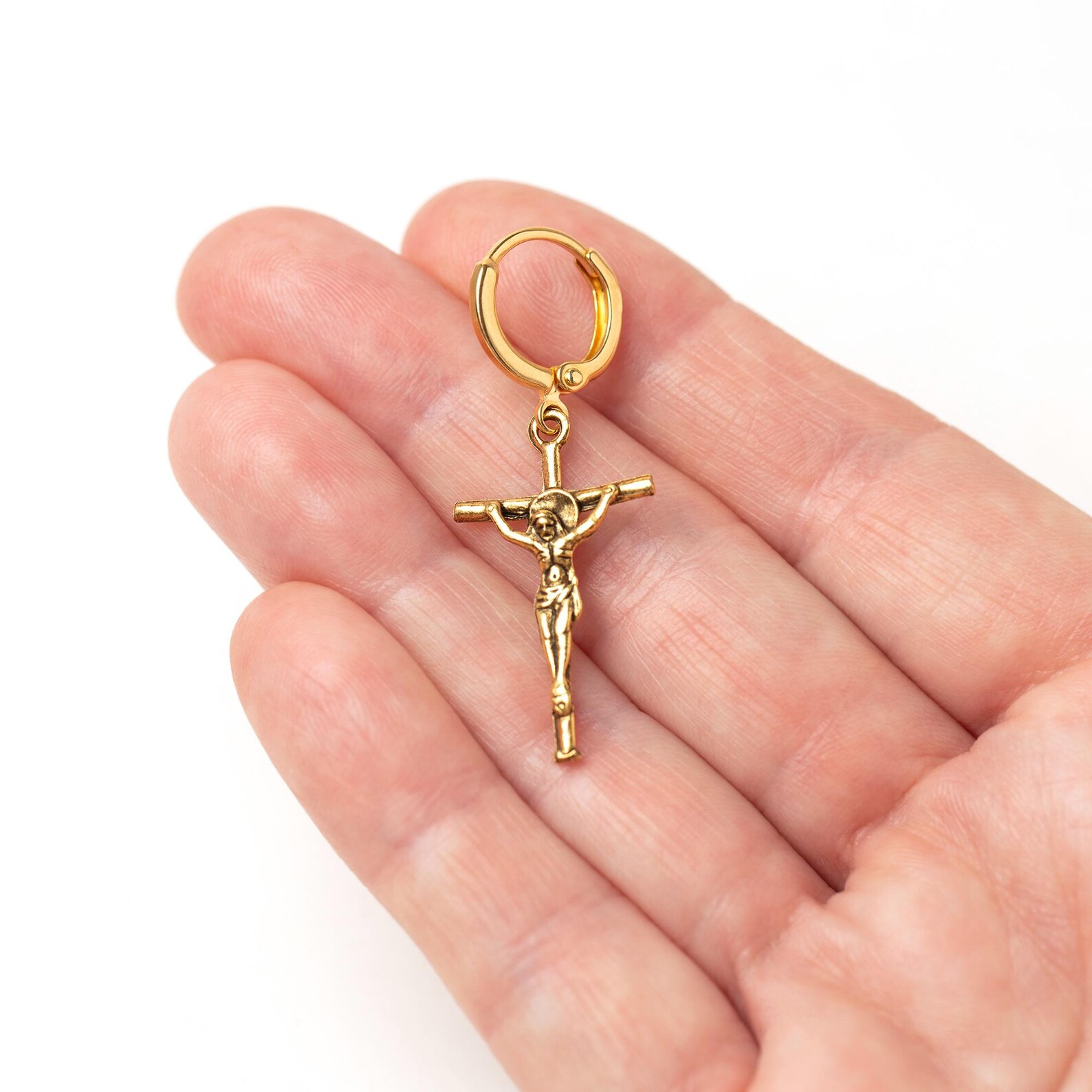 Gold Crucifix Earrings, Gold Cross Huggies, Earrings With Cross ...
