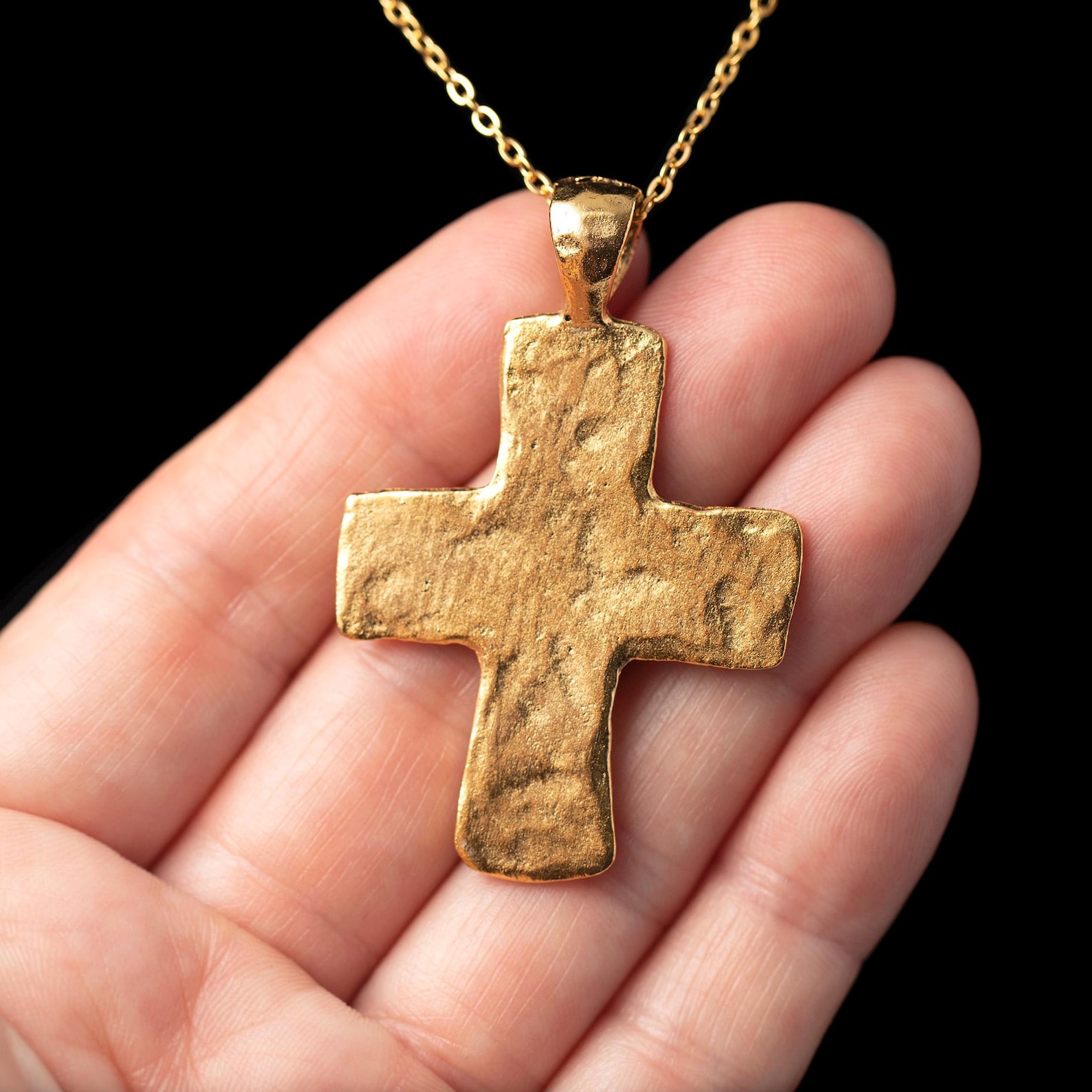 Ancient Gold Cross Necklace, Large Rustic Cross Pendant, Christian ...