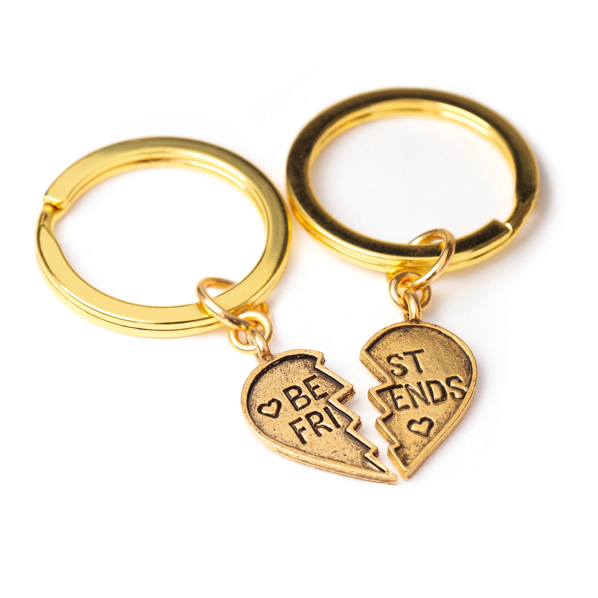 Set of Two Gold Best Friends Keychains, Split Heart Keyrings, Birthday ...