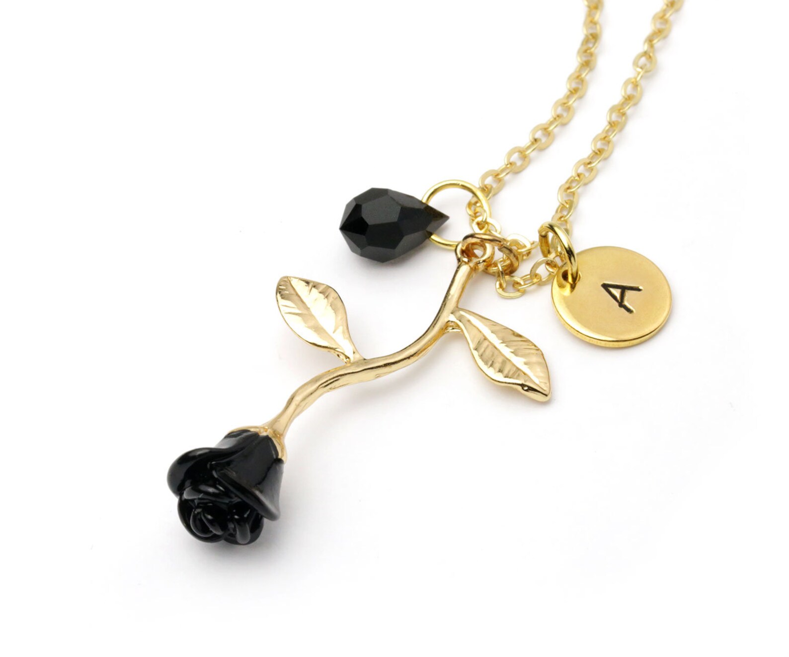 Black Rose With Black Teardrop Crystal Necklace, Gothic Rose Necklace ...