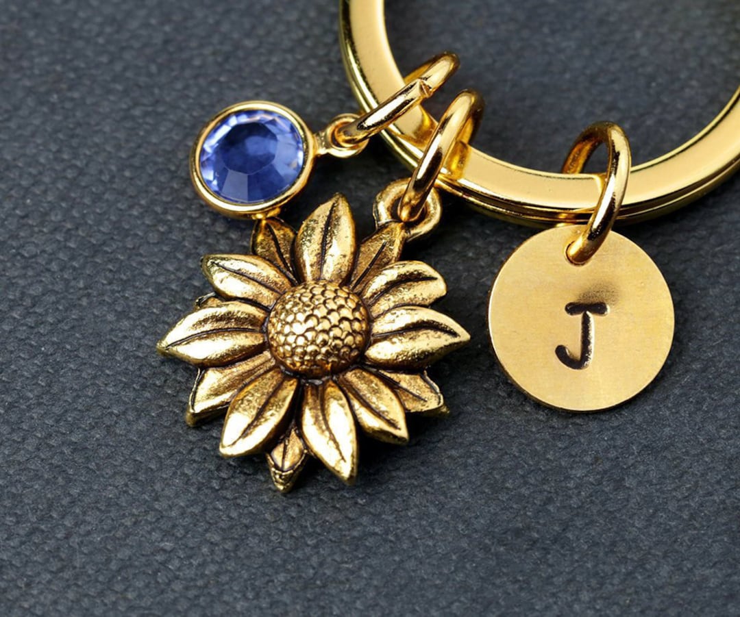 Gold Sunflower Keychain, Gold Flower Keychain, Sunflower Charm Keyring ...