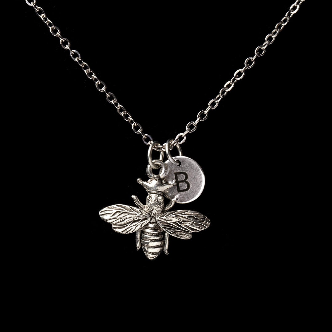 Queen Bee With Crown Necklace, Queen Bee Jewelry, Antique Silver Queen ...