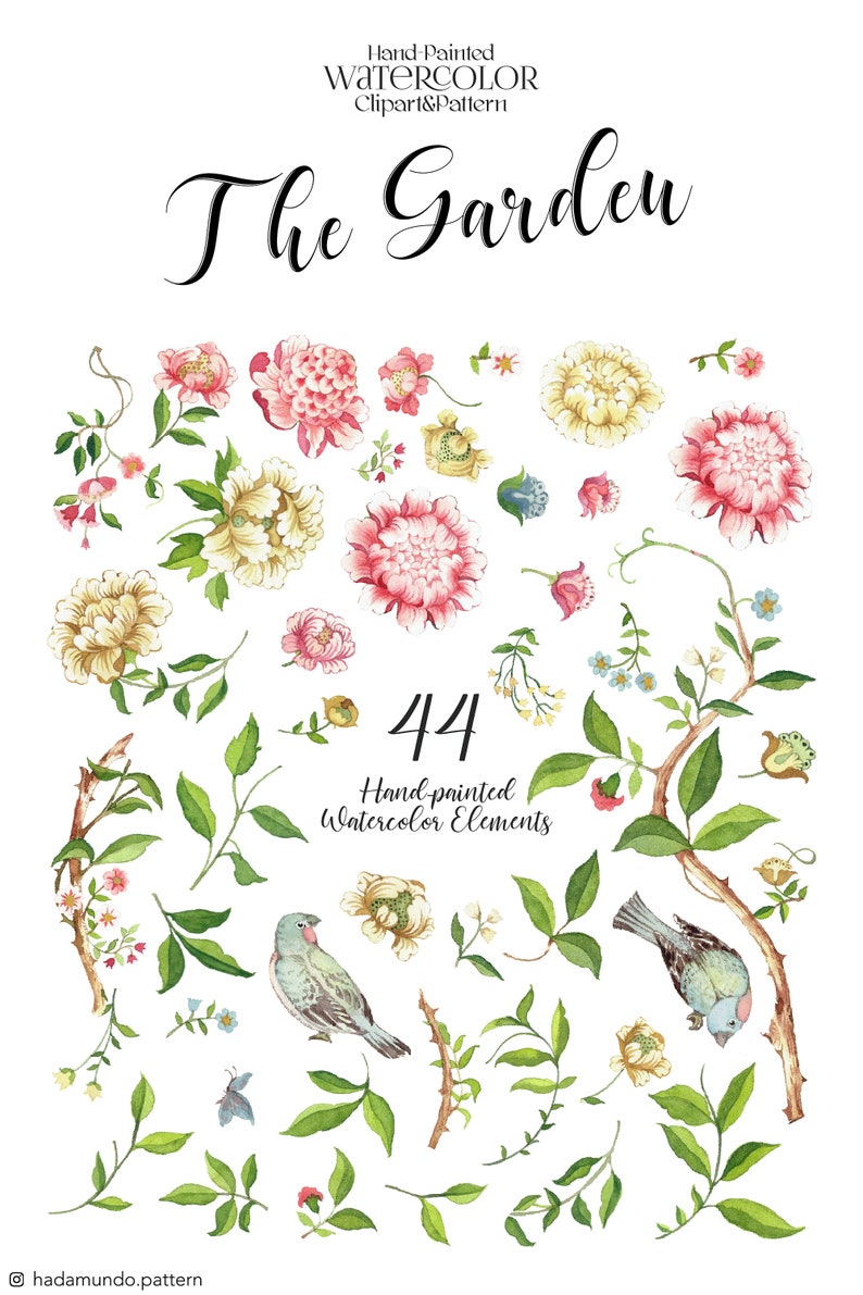 Watercolor Garden Clipart Set, Floral Frame Border, Seamless Pattern ...