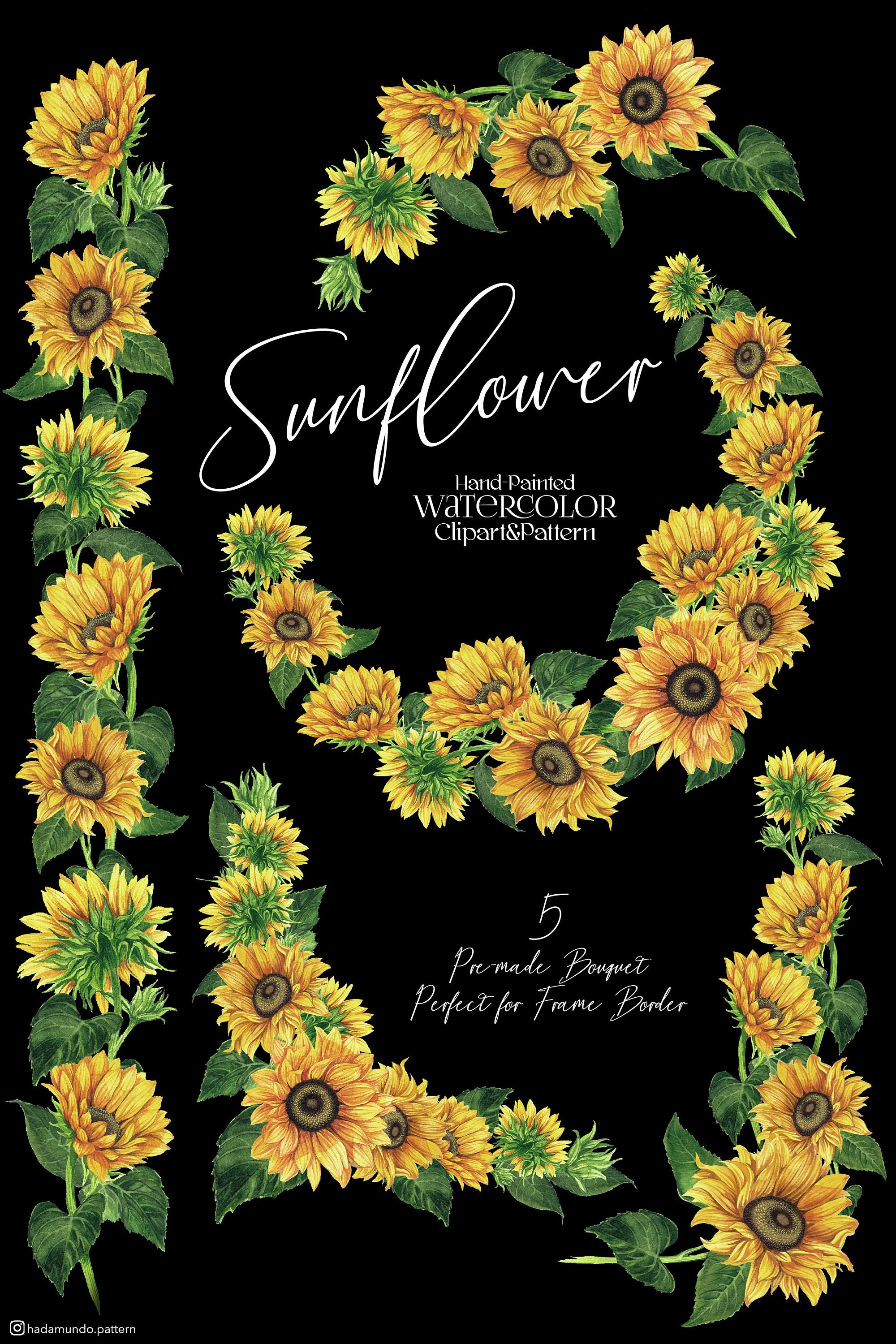 Sunflower Watercolor Clipart Set With a Seamless Pattern and Floral ...