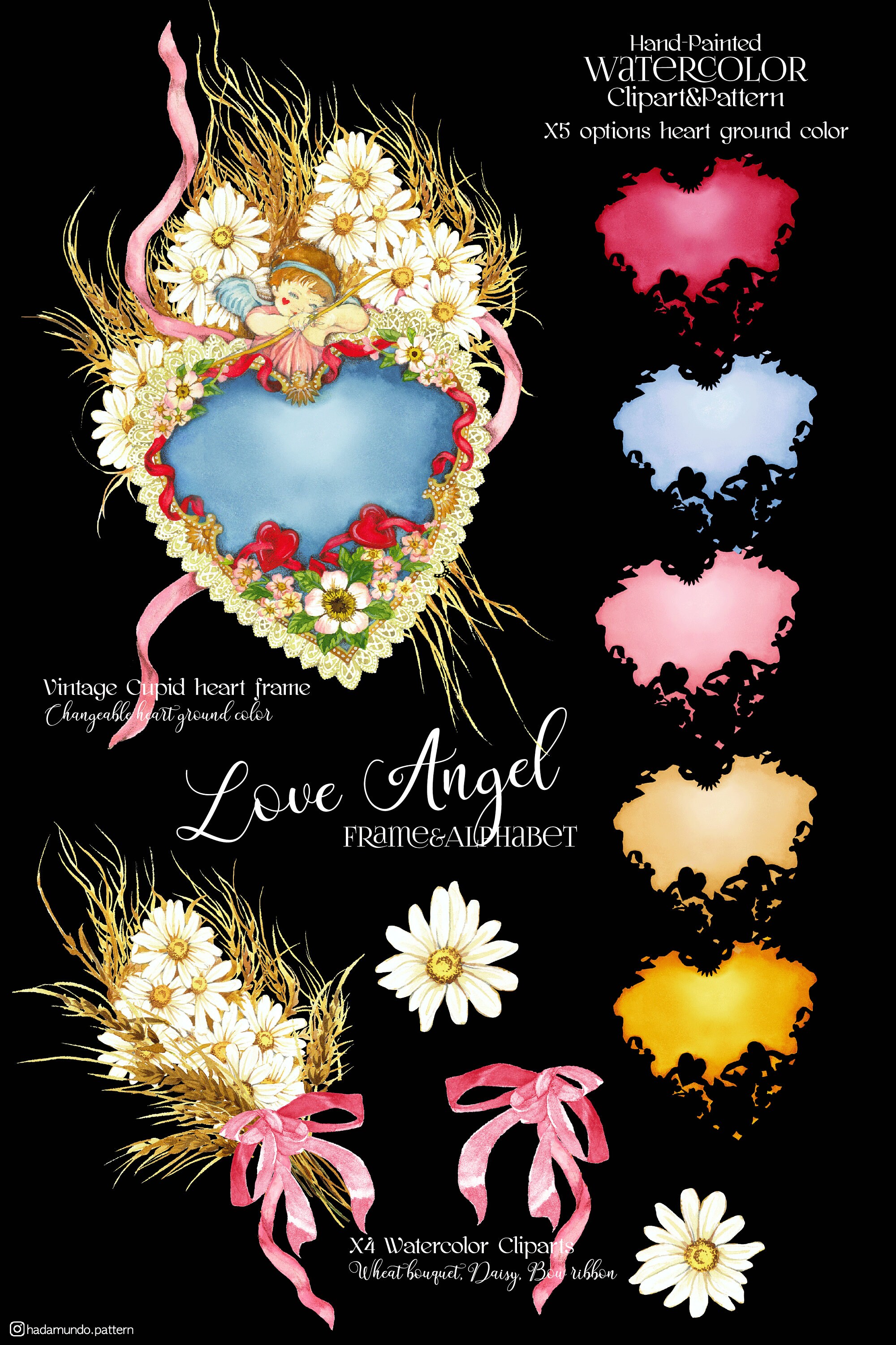 Vintage Cupid Frame Watercolor Clipart, Alphabet Clipart, Floral ...