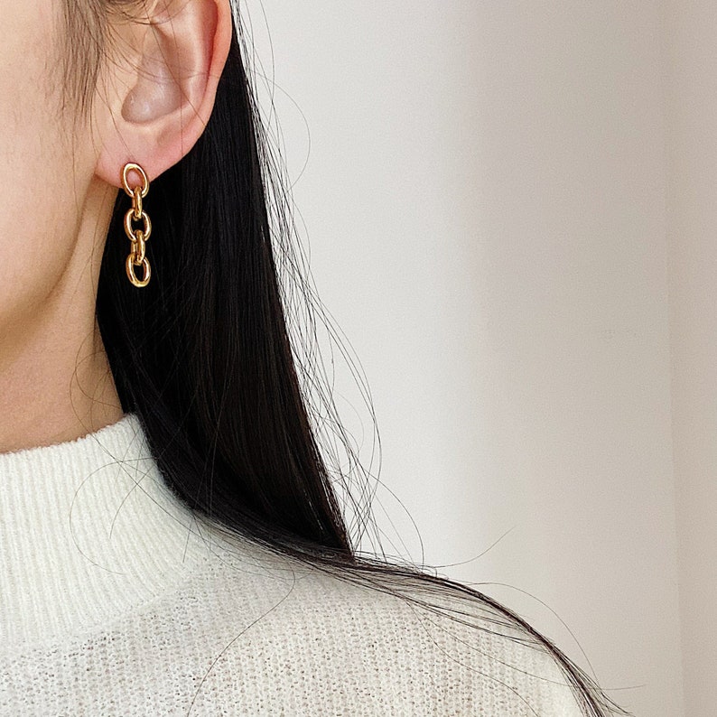 Gold Chain Link Drop Earrings Gold Dangle Earrings Long Gold | Etsy