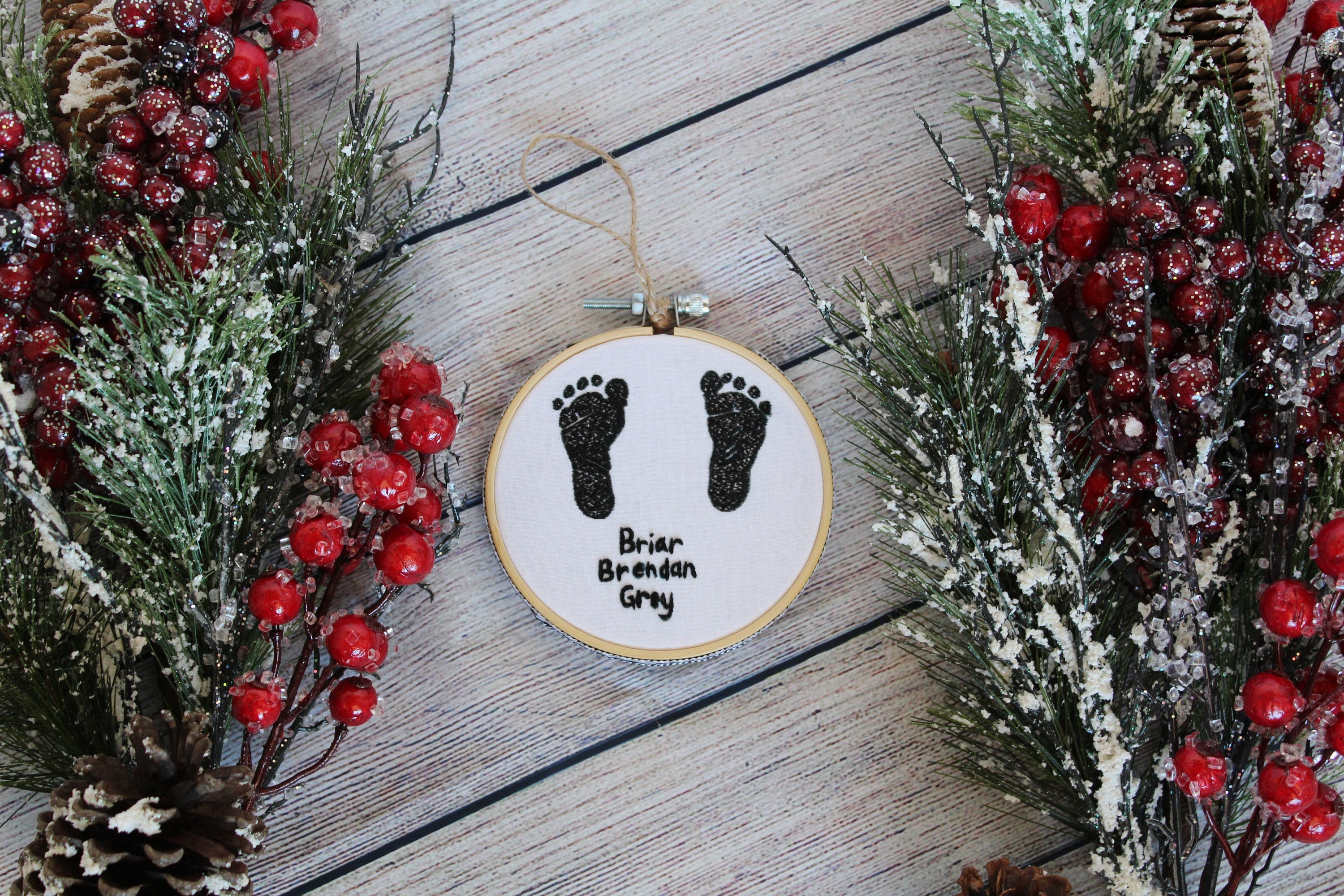 Embroidered Newborn Footprints Christmas Ornament, Newborn Keepsake ...