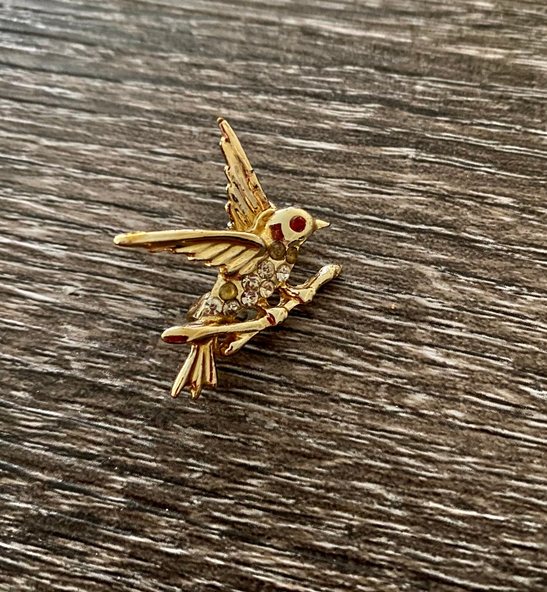 1” Vintage Gold Jeweled Hummingbird Pin - Etsy