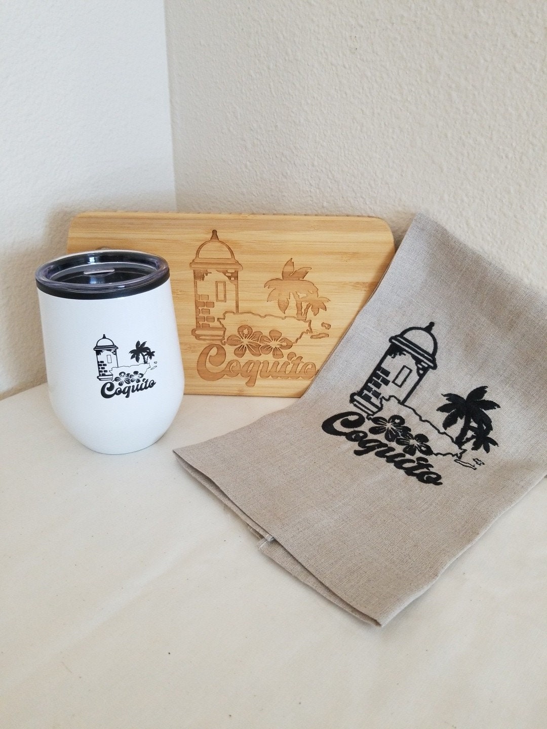 Coquito 3 Piece Gift Set - Embroidered Linen Towel & Engraved Cutting ...