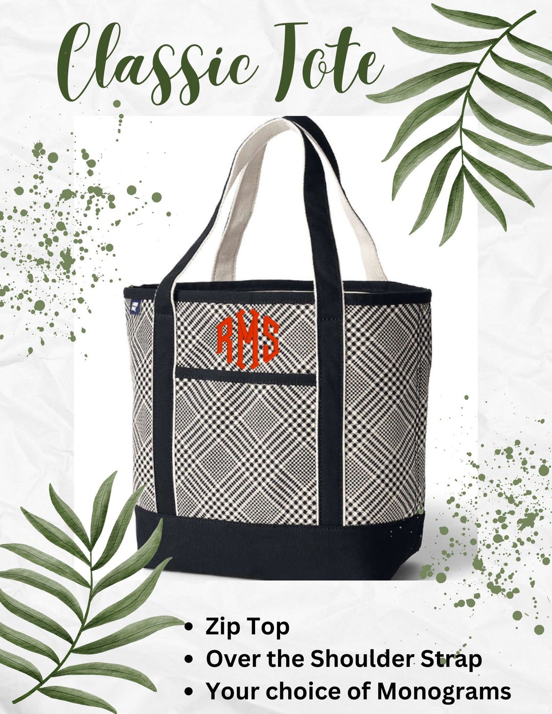 Jumbo Tote Bag With Monogram Black and White Classic Tote Bag Overnight ...