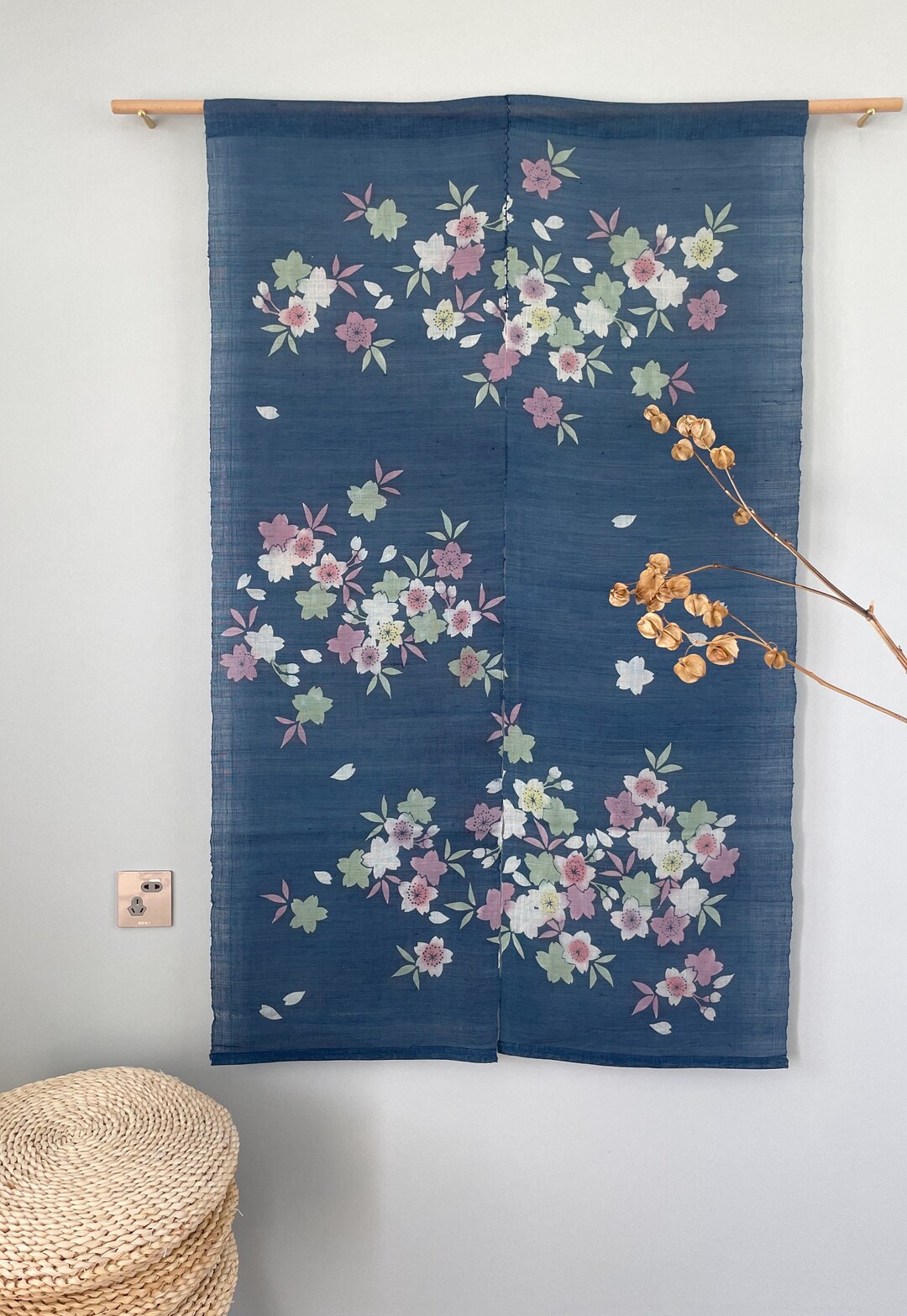 Indigo Blue Noren Curtain: Handwoven Ramie, Floral Japanese Style - 59 ...