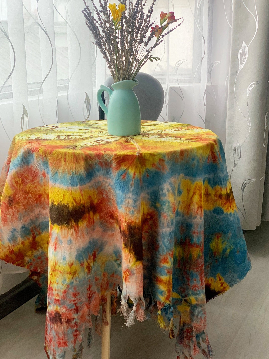 Rustic Table Cloth - Natural Cotton - Tie Dye - Multi Yellow - 71"l X ...