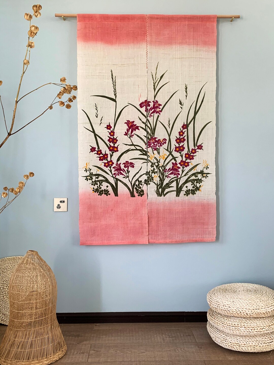 Japanese Linen Noren Curtain Handwoven Natural Linen Ramie Pink and ...