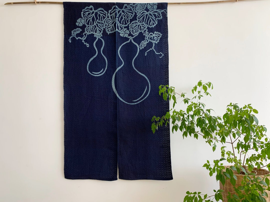 Indigo Blue Noren Curtain: Japanese Jacquard Linen, Gourd Vine Pattern ...
