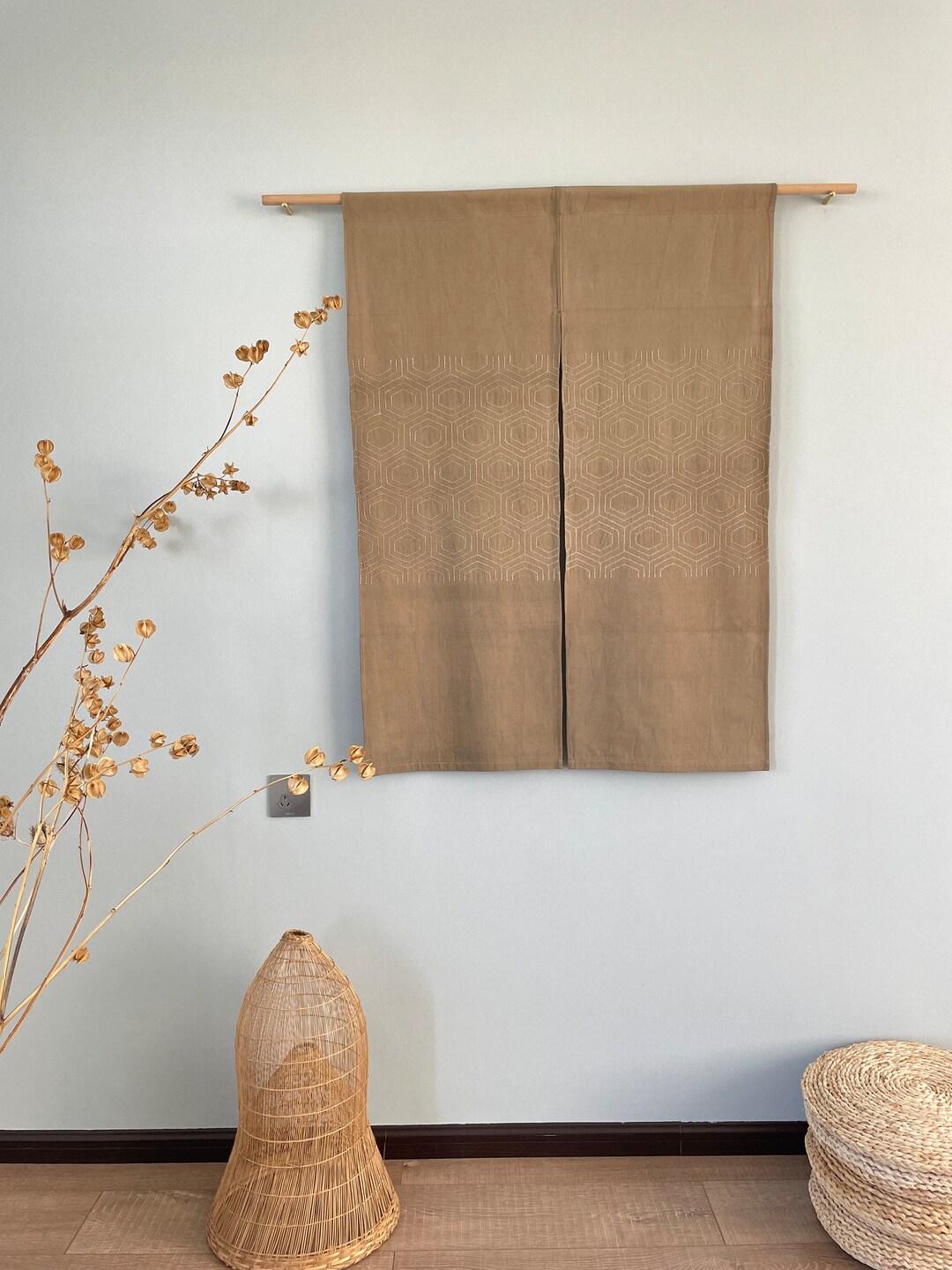 Japanese Style Noren Curtain Fine Cotton Linen Natural Dyed Light Brown ...