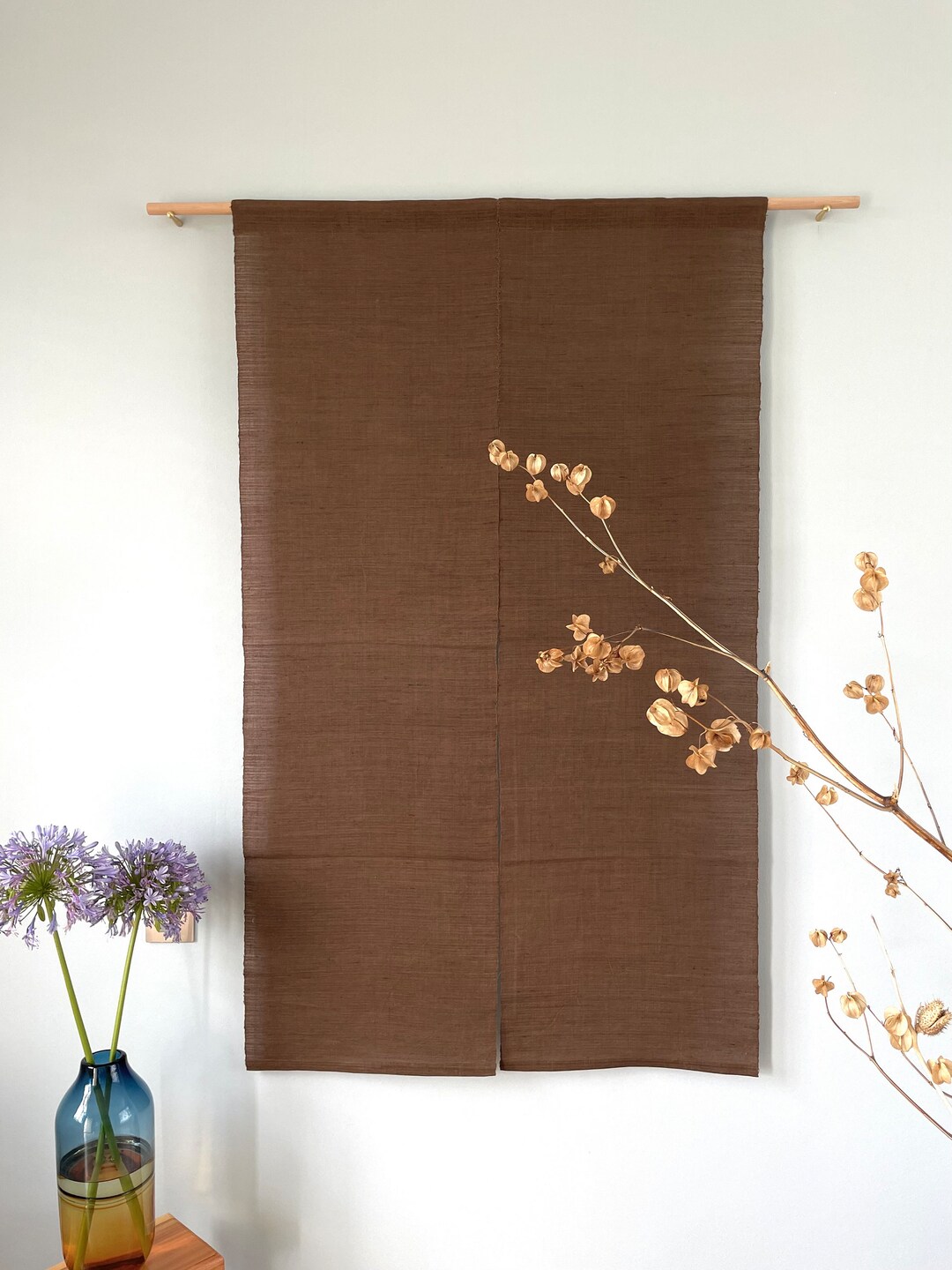 Japanese Style Noren Curtain Natural Handwoven Ramie Natural Dyed Deep Brown Semi-translucent ...