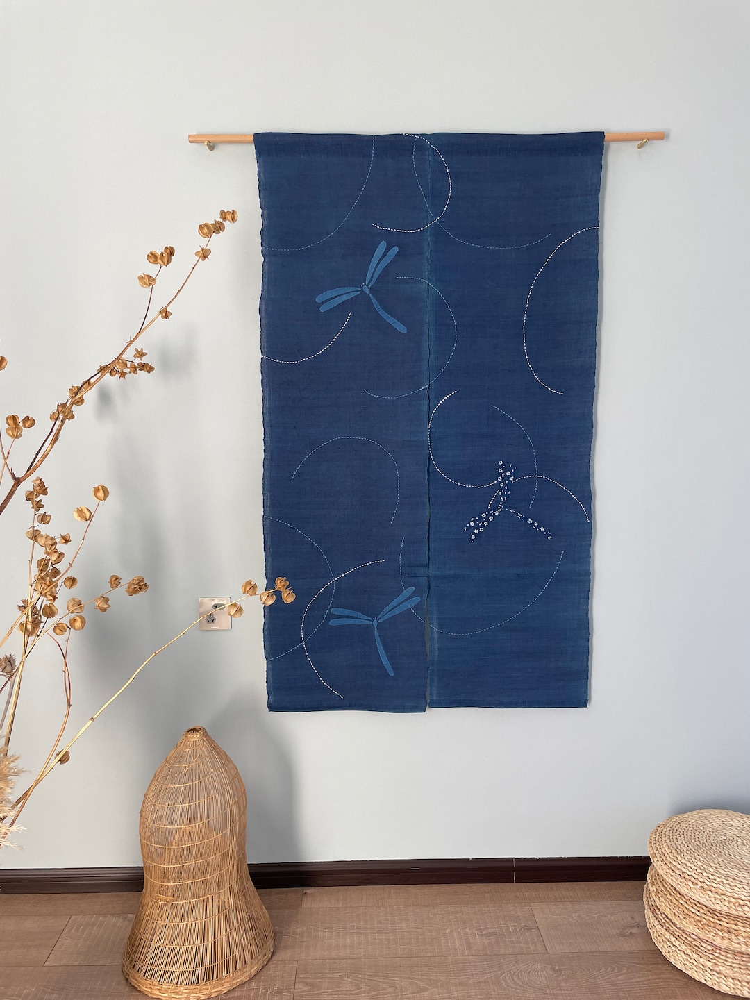 Indigo Blue Noren Curtain: Handwoven Ramie With Dragonfly Embroidery ...