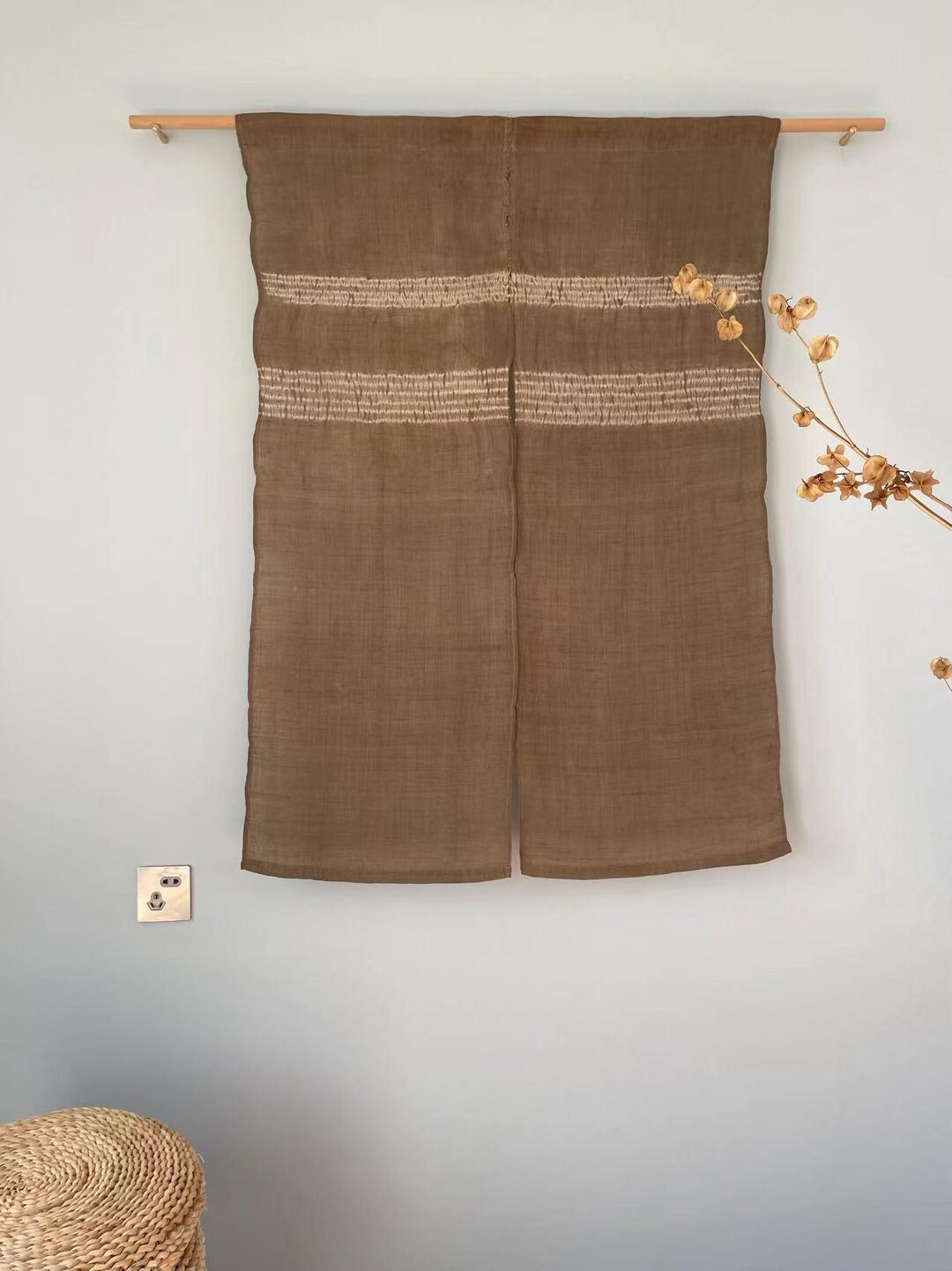 Japanese Linen Noren Curtain - Handwoven Natural Linen Ramie - Natural Dyed Brown - Tie Dyed ...