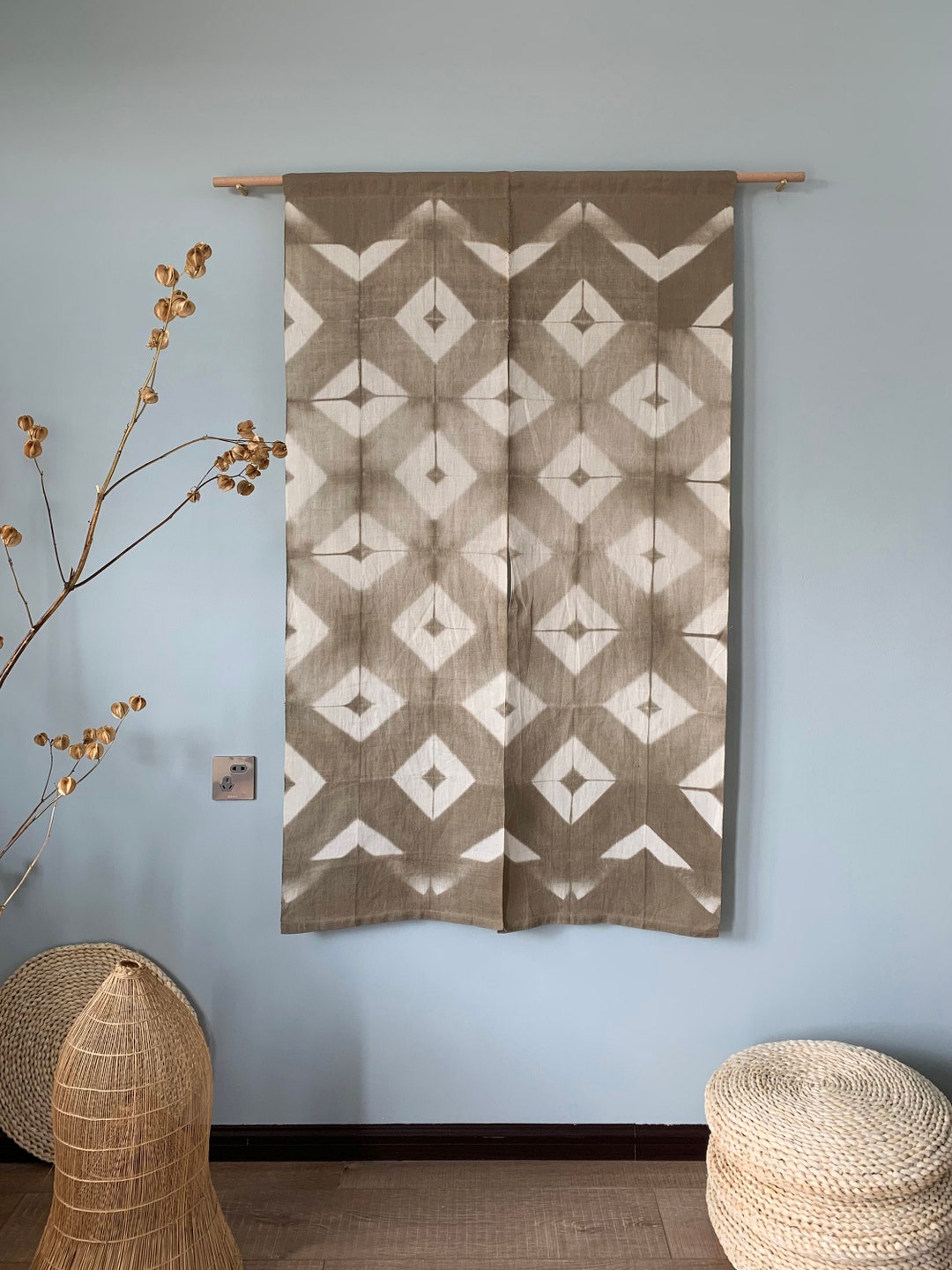 Japanese Linen Noren Curtain - Handwoven Natural Linen Ramie - Ash Brown Color - Diamond Shibori ...