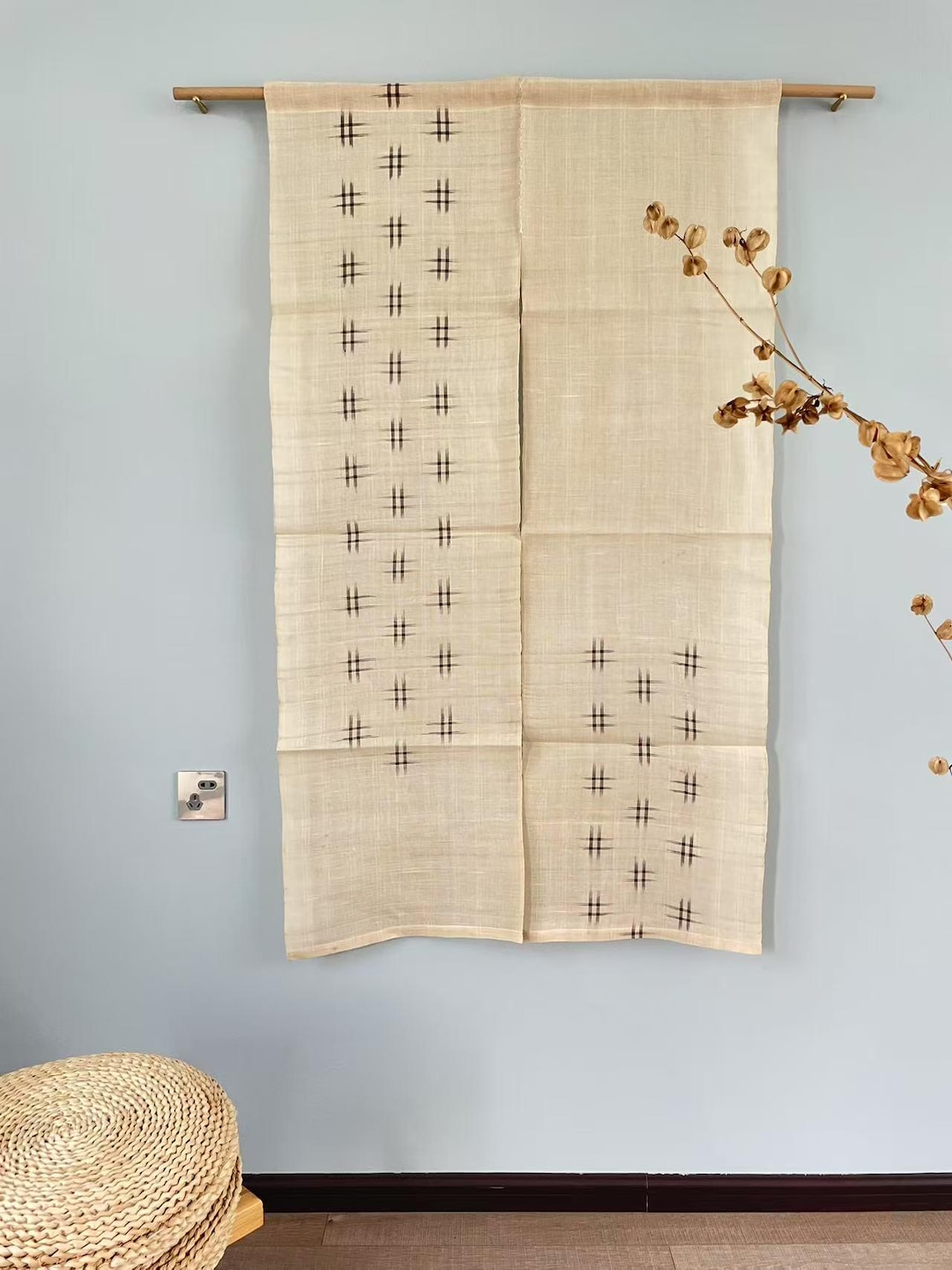 Japanese Style Noren Curtain - Natural Linen - Natural Yarn Dyed Hash Pattern - Linen Natural ...