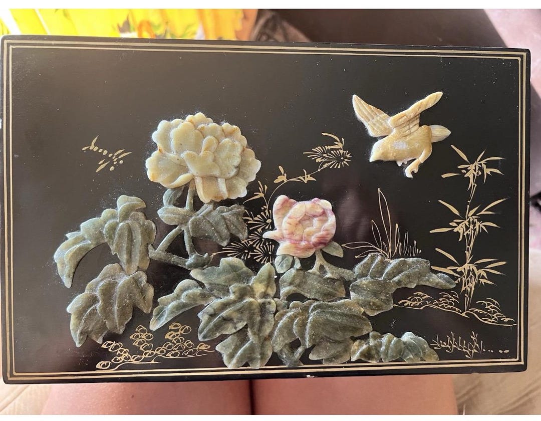 Vintage Asian Lacquer Jewelry Box With Carved Stone Floral Inlay - Etsy