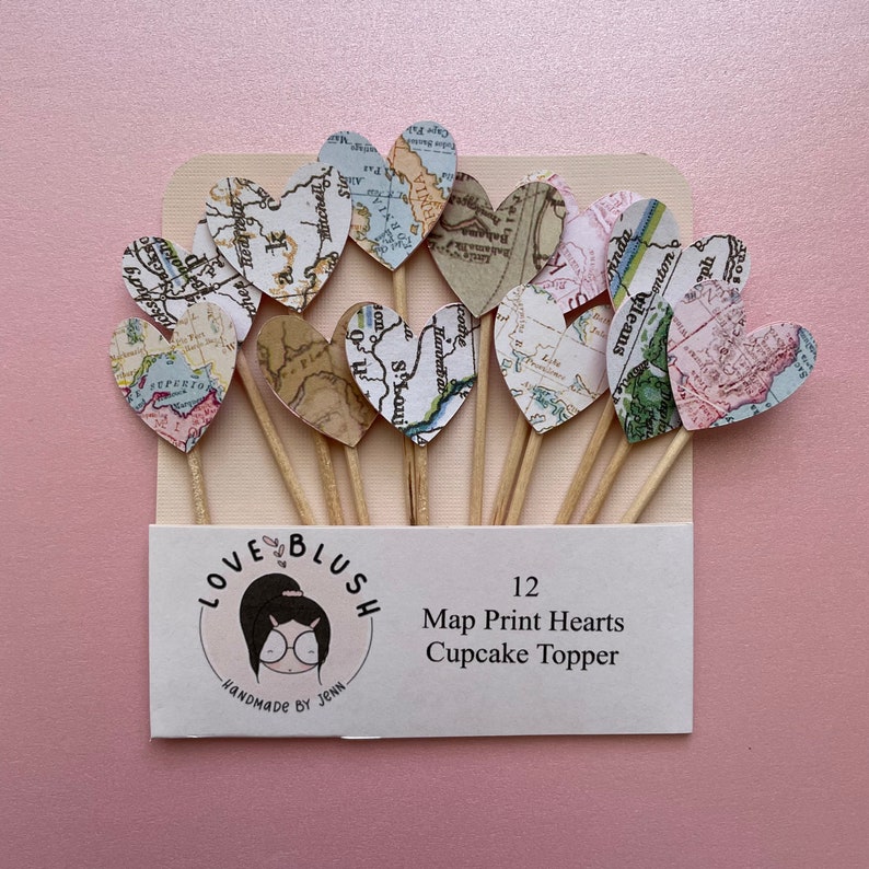 Map Heart Cupcake Toppers (set of 12) | Travel Theme Wedding - Etsy