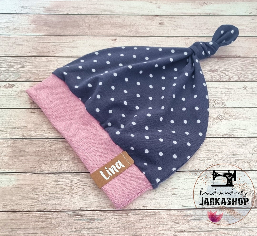 Knotted Hat With Cuffs, Hat With Name dots Grey-white Hat, Baby Hat ...