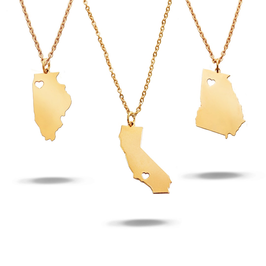 Custom State With Custom Heart Location Necklace in Gold Filled- Map ...