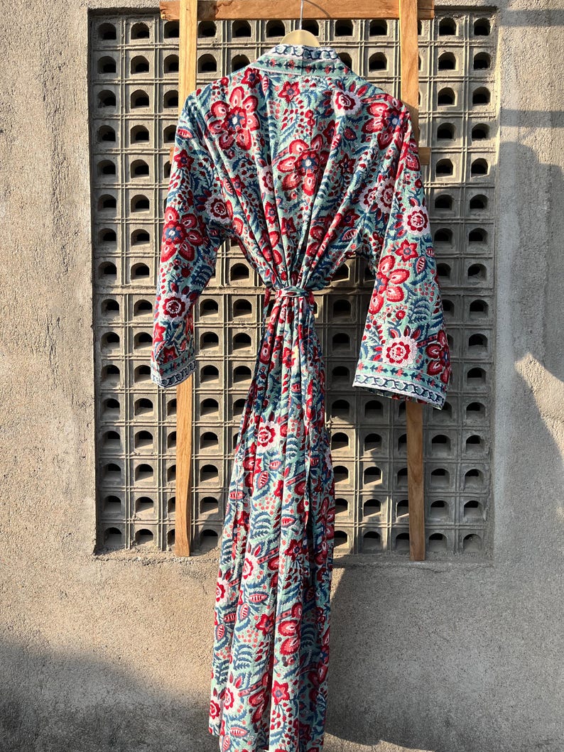 Floral Cotton Kimono Robe, Hand Block Print Loungewear, Plus Size - Etsy