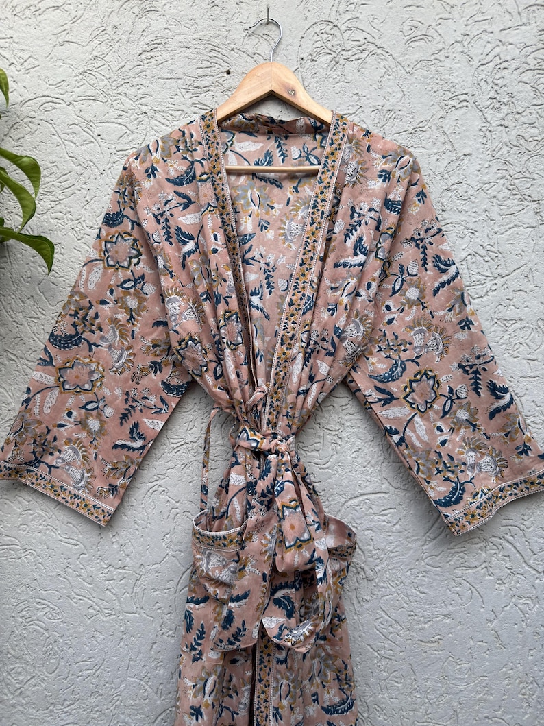 Floral Cotton Kimono Robe, Hand Block Print Loungewear, Plus Size - Etsy