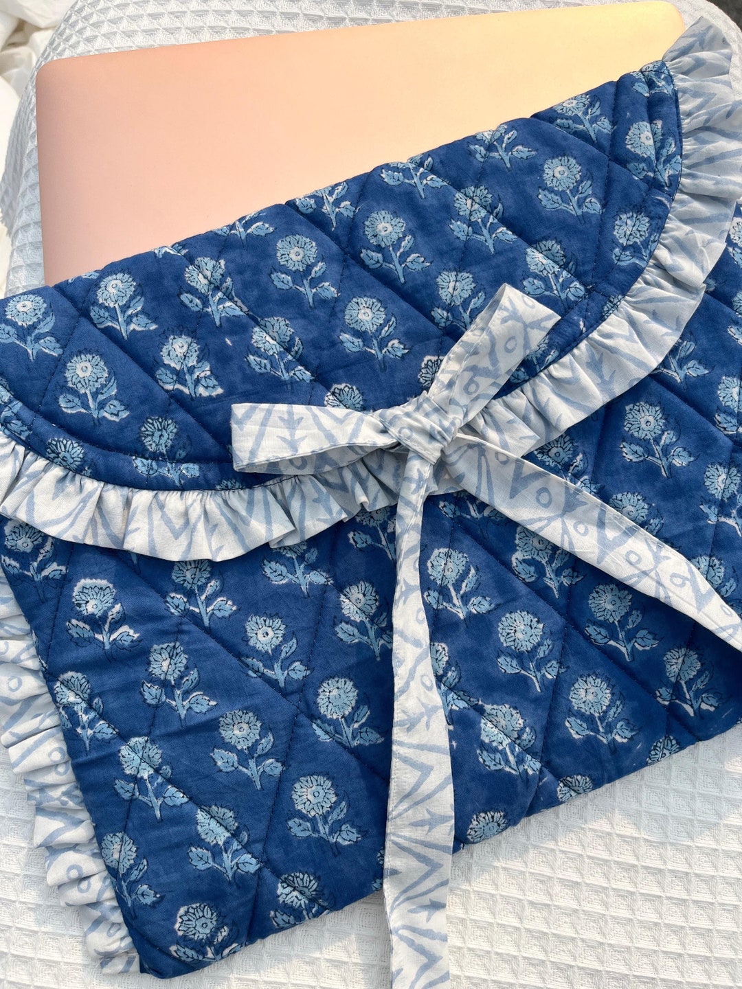 Hand Block Printed Quilted Laptop Sleeve With Bow | Blue Floral Eco ...