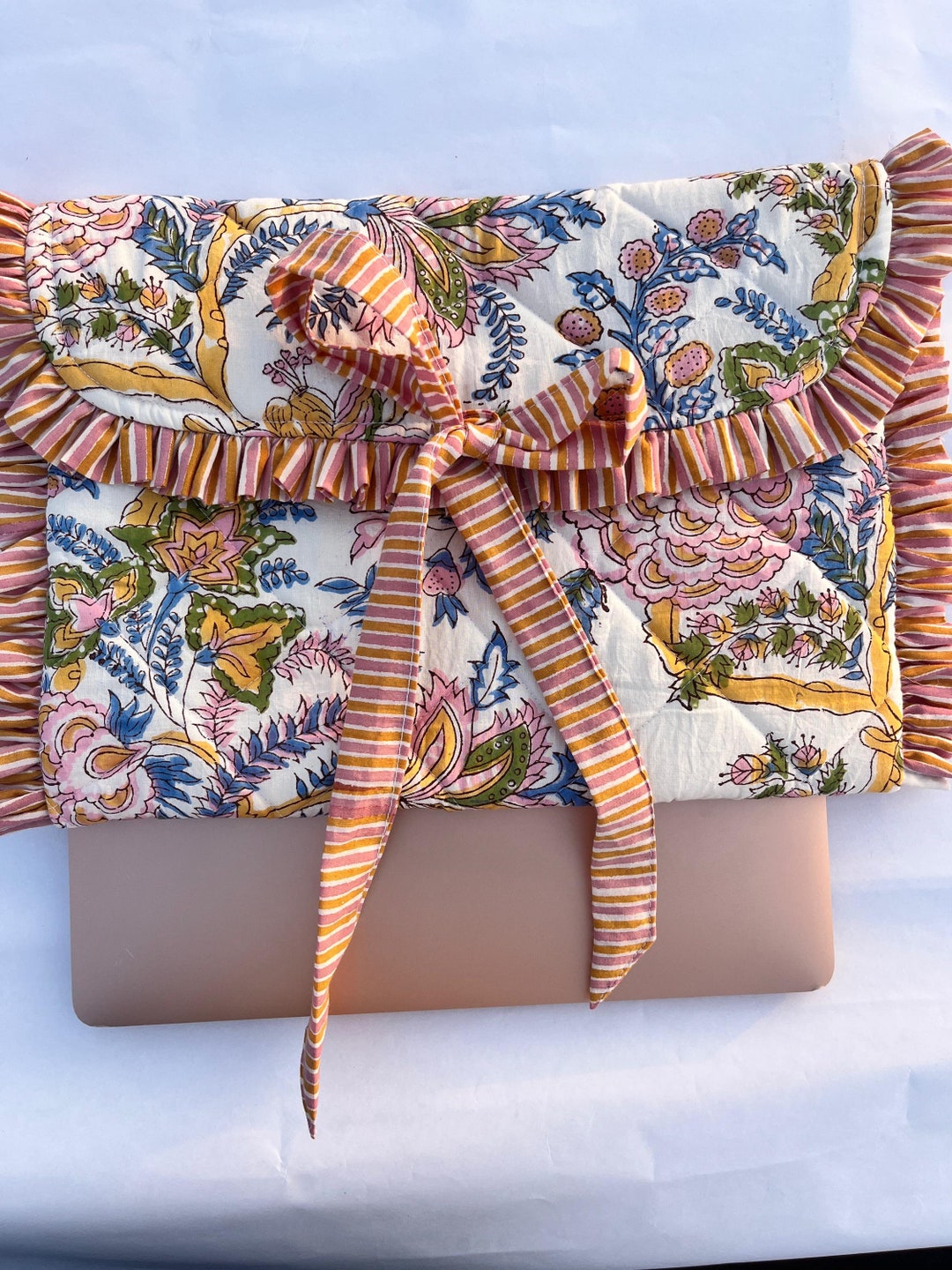 Hand Block Printed Quilted Laptop Sleeve: Floral Cotton MacBook Case - Etsy