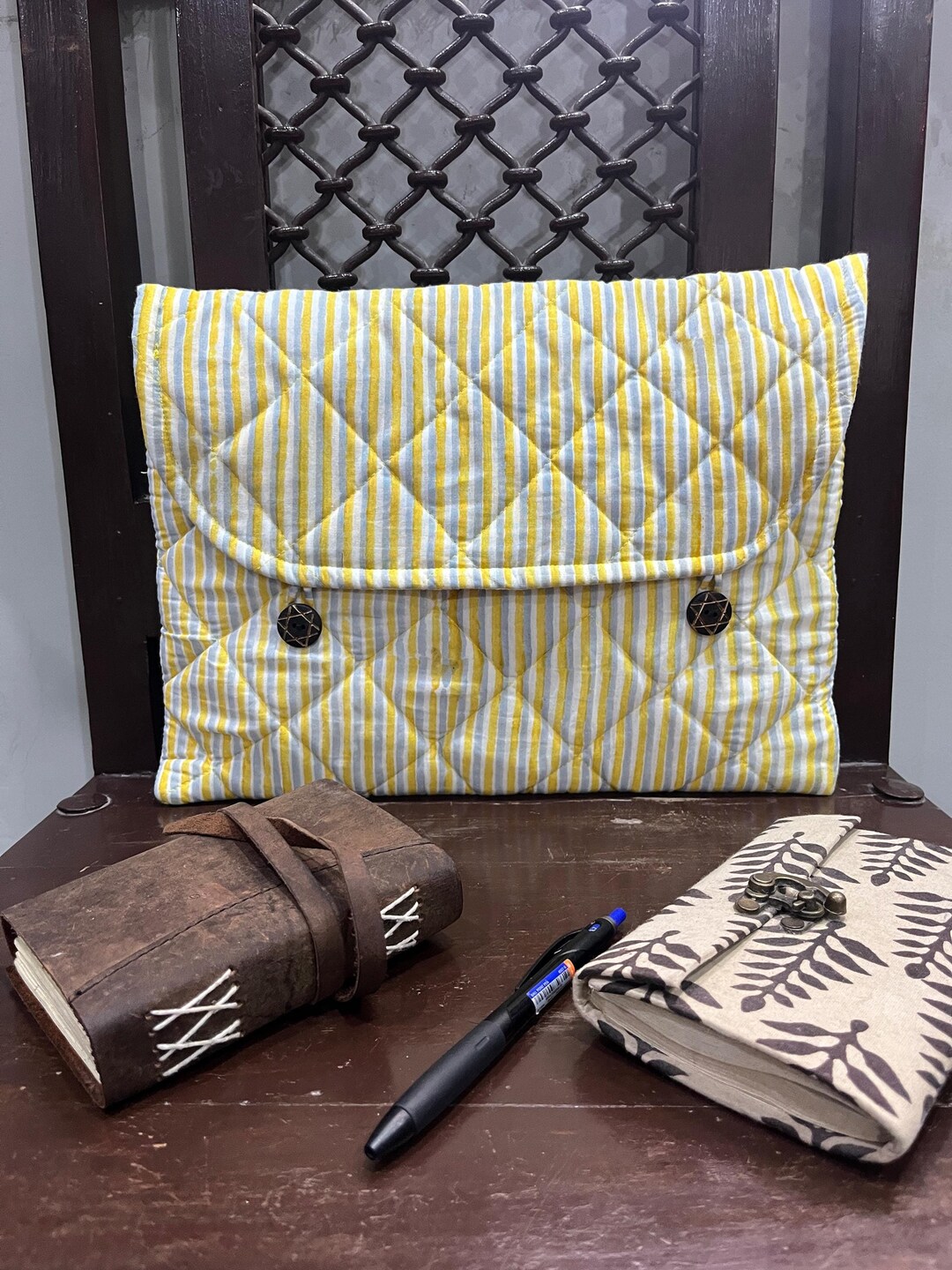 Yellow Striped Quilted Laptop Sleeve | 100% Cotton, Padded 13-inch ...