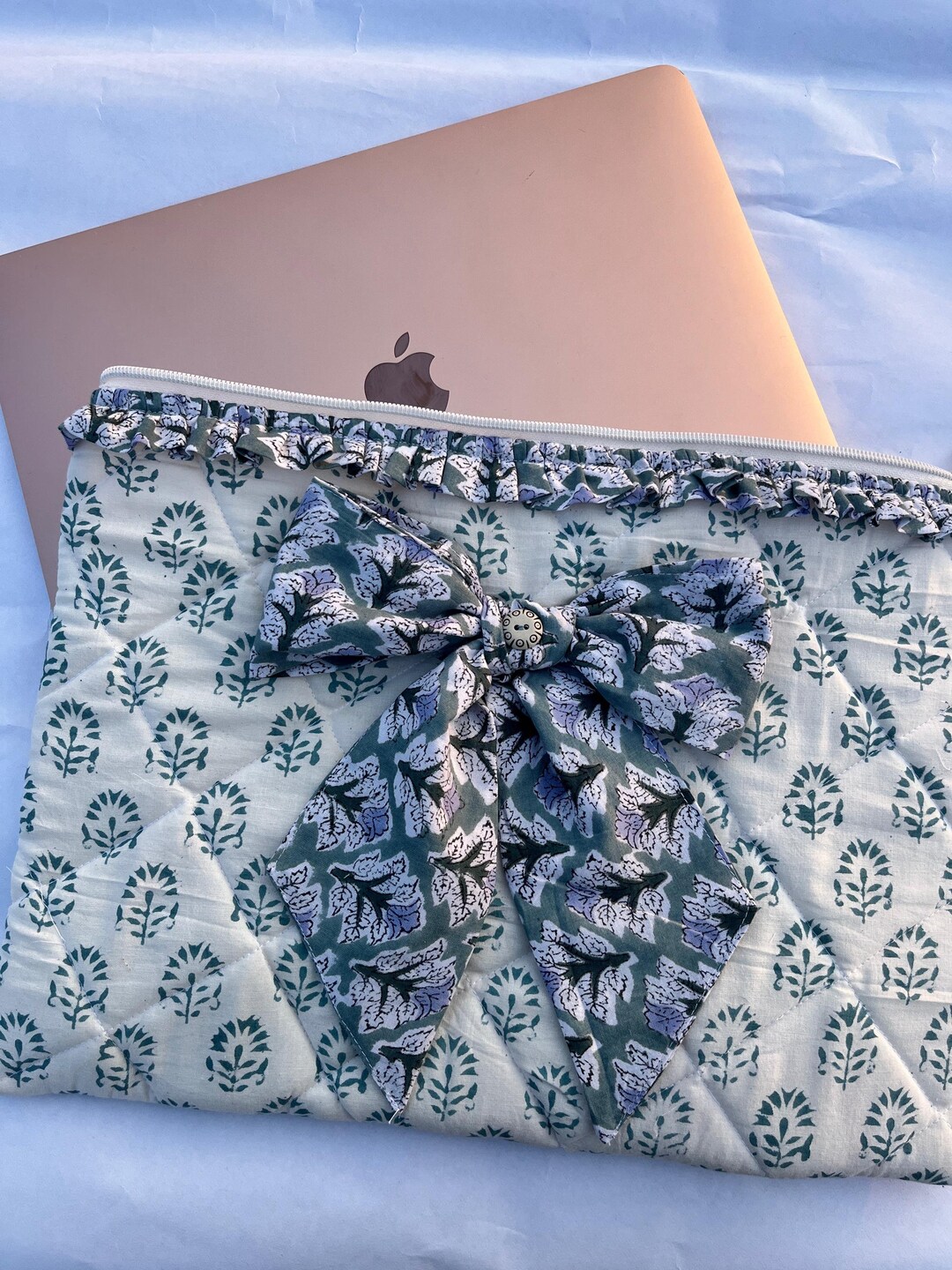 Hand Block Printed Laptop Sleeve: Quilted Floral Cotton Case With Bow ...
