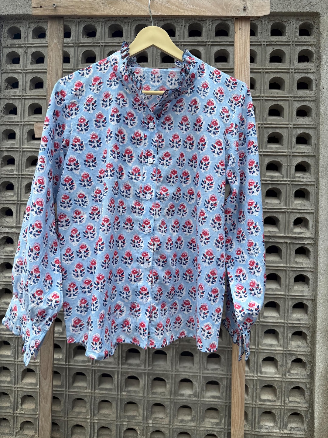 Hand Block Print Cotton Ruffle Blouse: Blue Button-down Top - Etsy