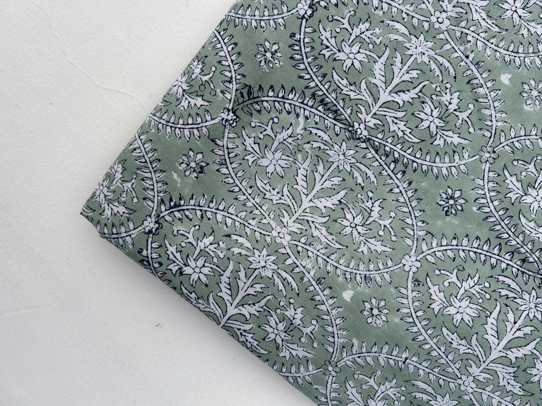 Sage Green Floral Block Print Cotton Fabric: Indian Quilting Material ...