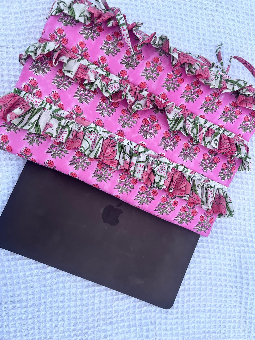 Hand Block Print Quilted Laptop Sleeve 12"-17", Ruffle Cotton Case for ...
