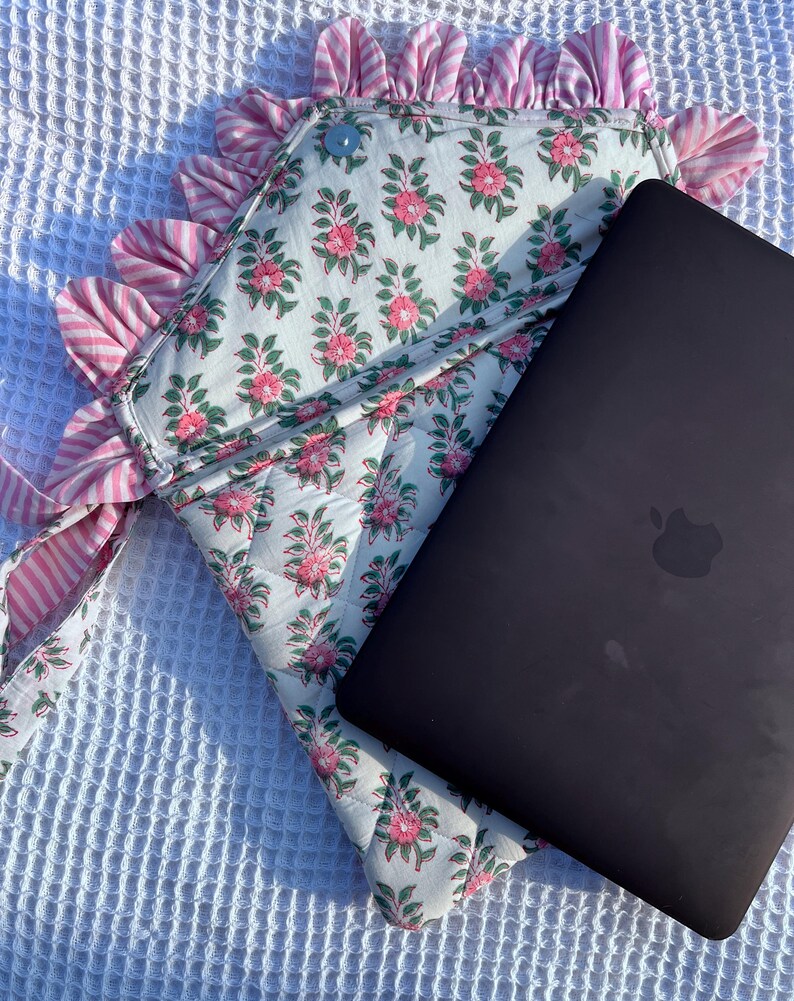 Hand Block Printed Laptop Sleeve: Pink Floral Quilted Cotton MacBook ...