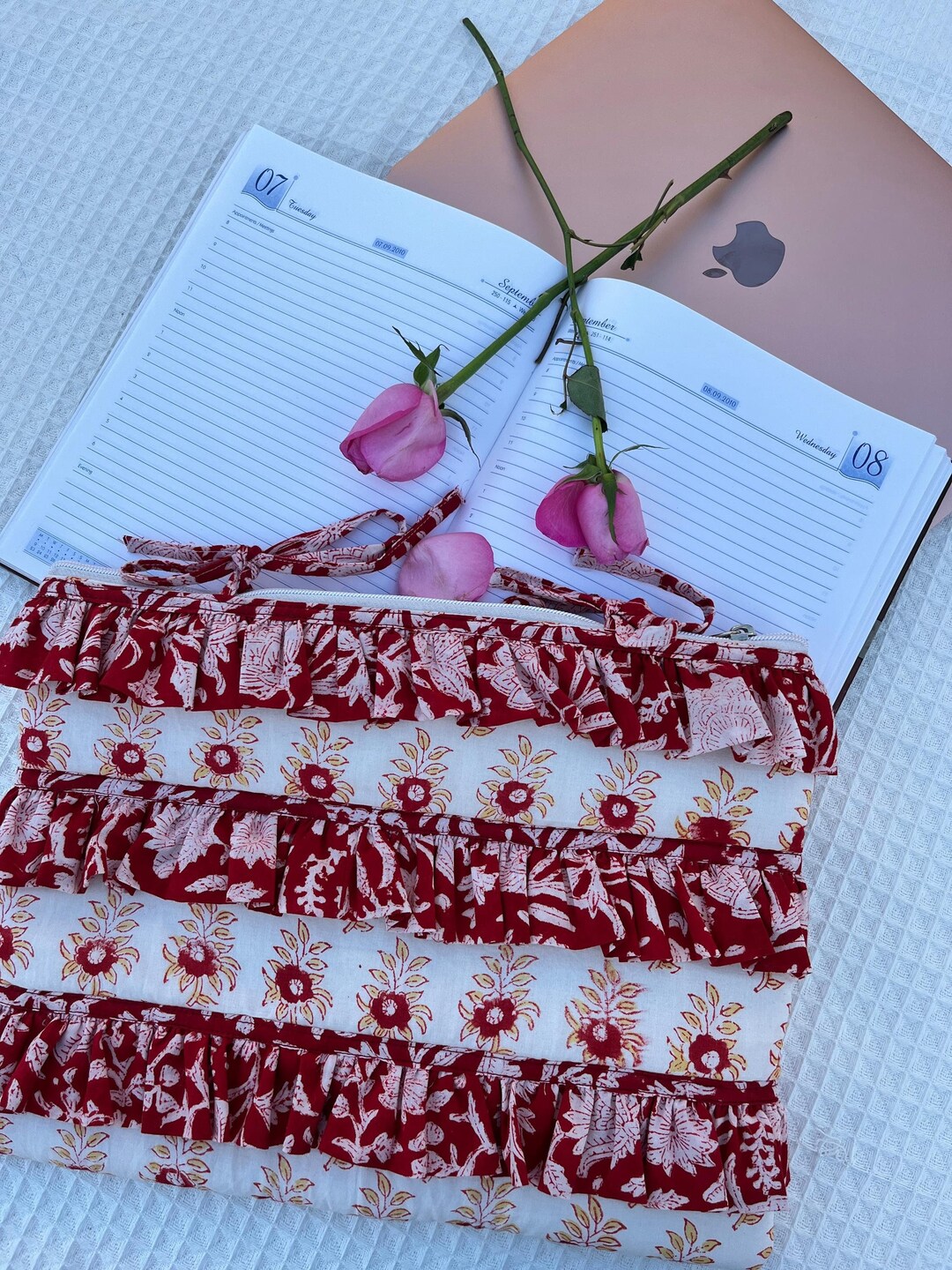 Hand Block Printed Quilted Laptop Sleeve With Ruffle | Red Eco-friendly ...