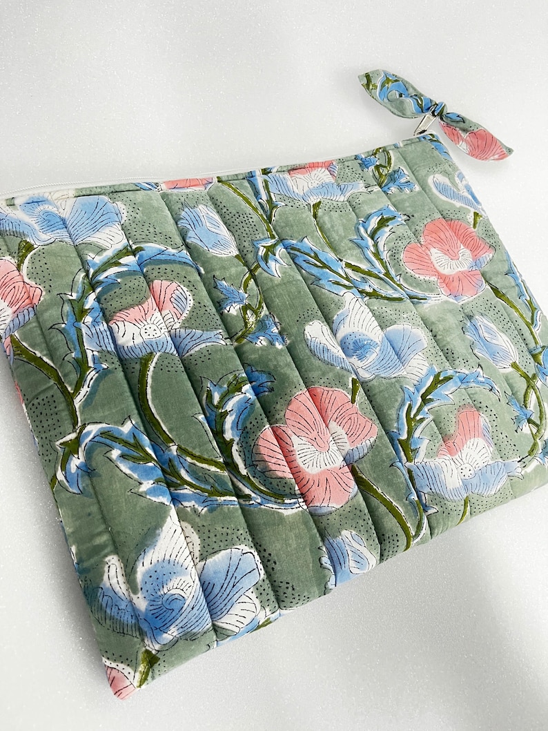 Hand Block Printed Laptop Sleeve: Sage Green Floral Quilted Cotton ...
