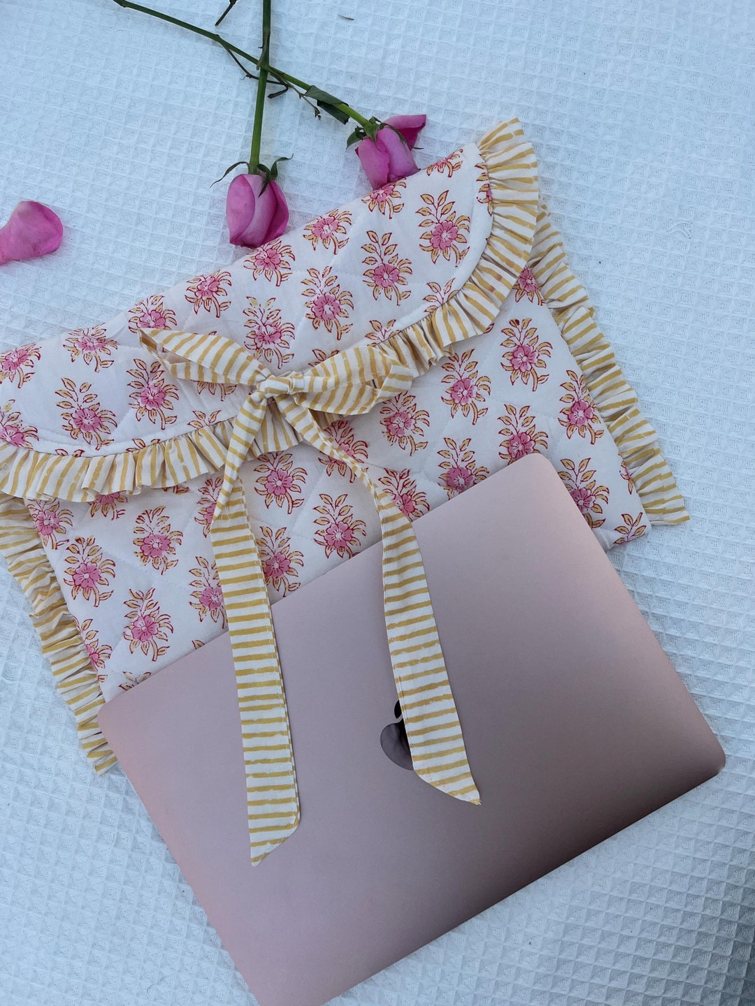 Hand Block Printed Laptop Sleeve: Floral Quilted Cotton Case With Bow ...
