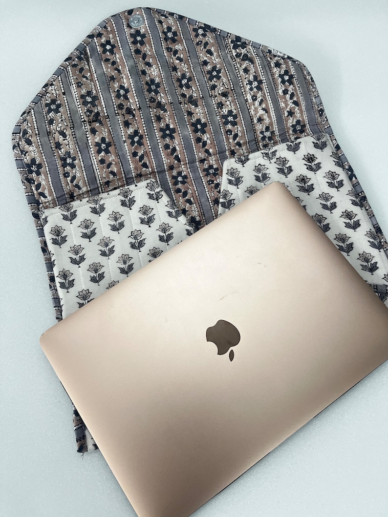 Hand Block Printed Quilted Laptop Sleeve: White Gray Floral Cotton ...