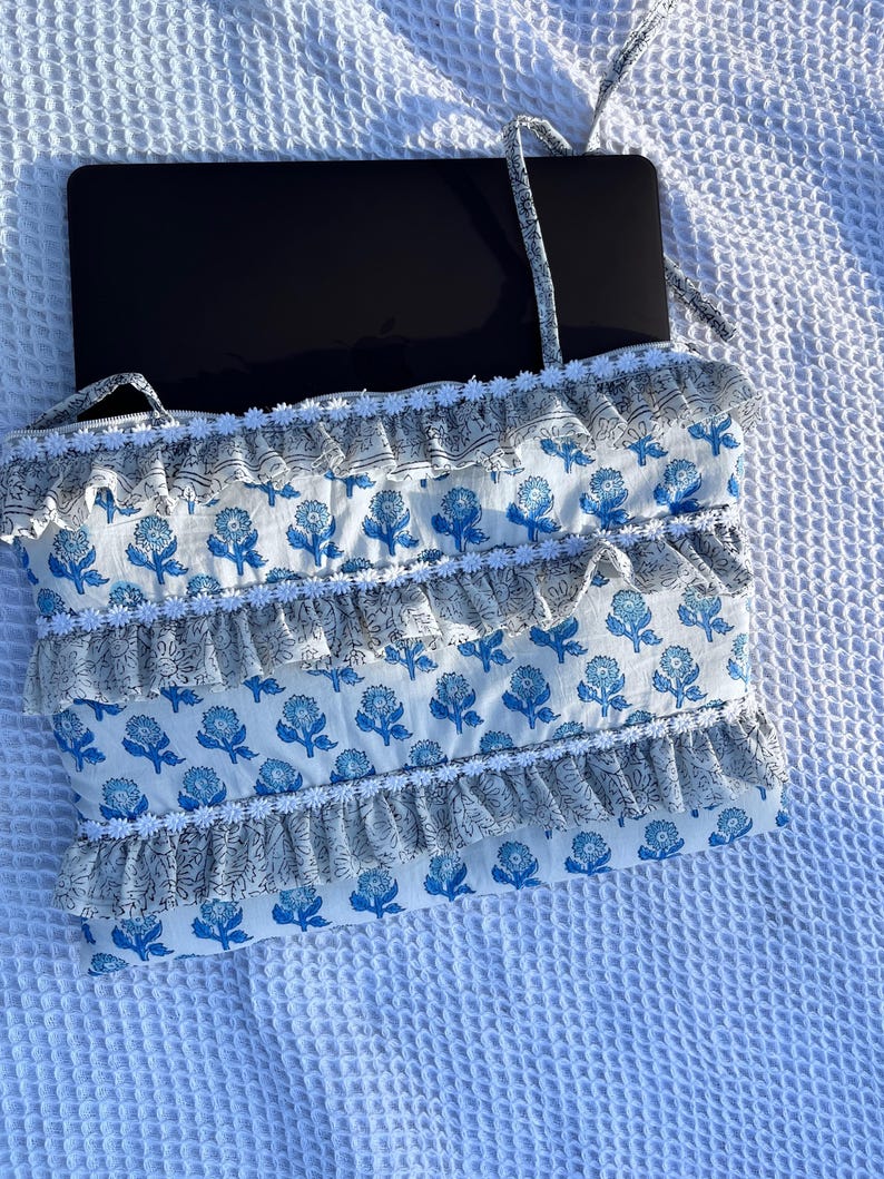 Hand Block Print Laptop Sleeve: Blue Floral Quilted Cotton Case - Etsy