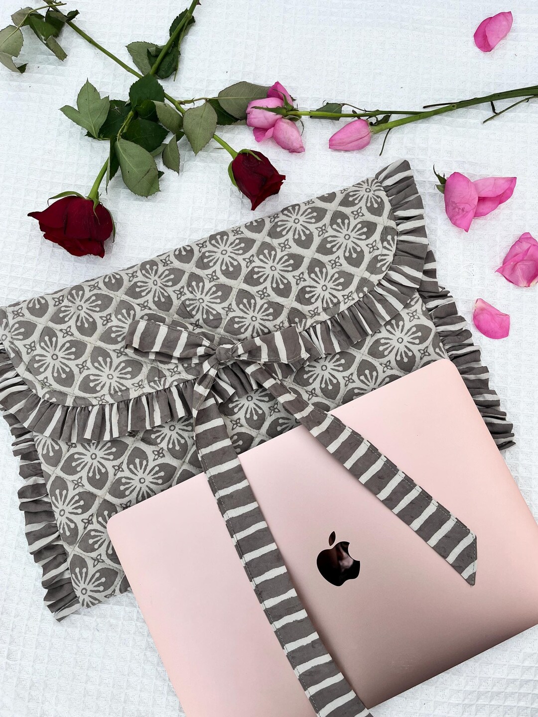 Hand Block Printed Laptop Sleeve: Floral Quilted Cotton Case With Bow ...