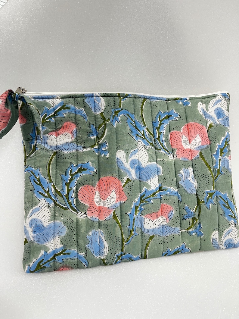 Hand Block Printed Laptop Sleeve: Sage Green Floral Quilted Cotton ...