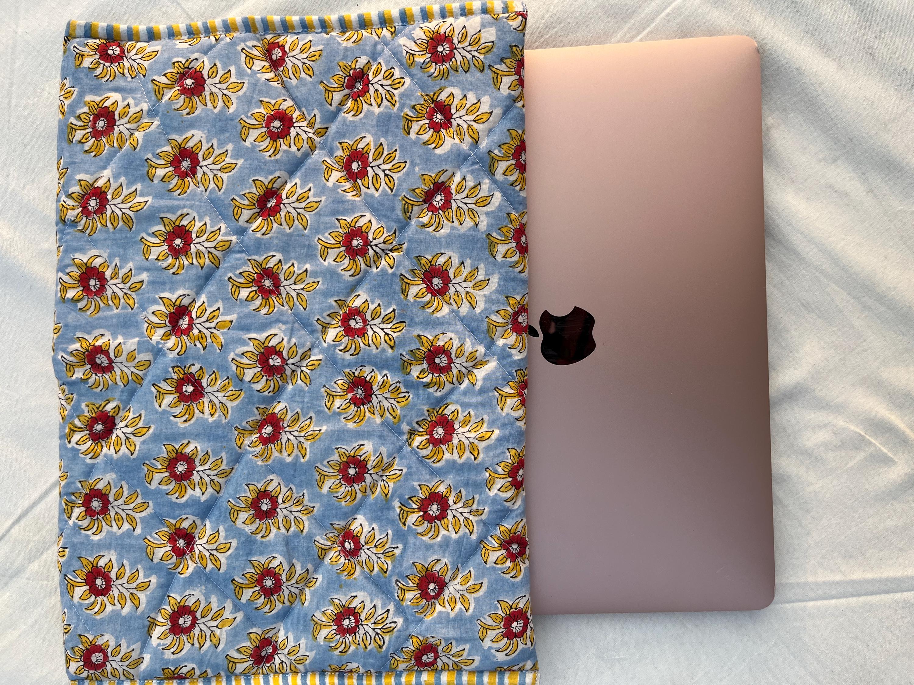 Hand Block Printed Laptop Sleeve: Blue Floral Quilted Cotton Case - Etsy