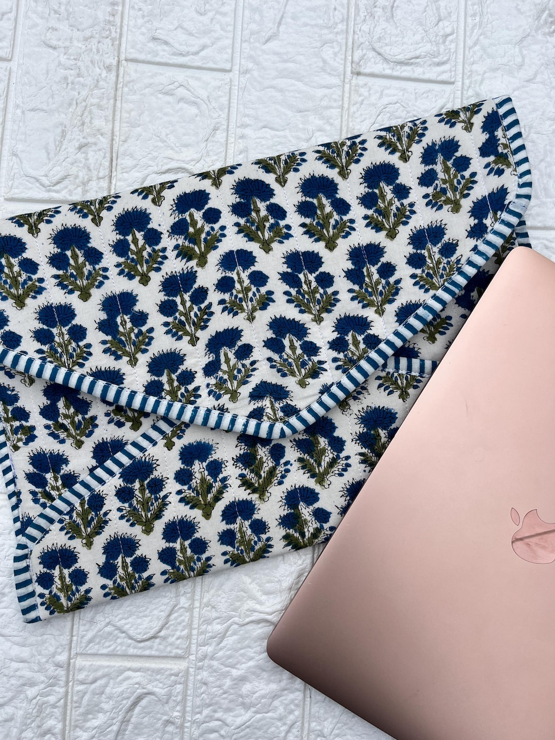 Hand Block Printed Quilted Laptop Sleeve: Blue Floral Cotton MacBook ...