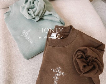 Embroidered Floral Cross Sweatshirt Christian Cross Crewneck Christian ...